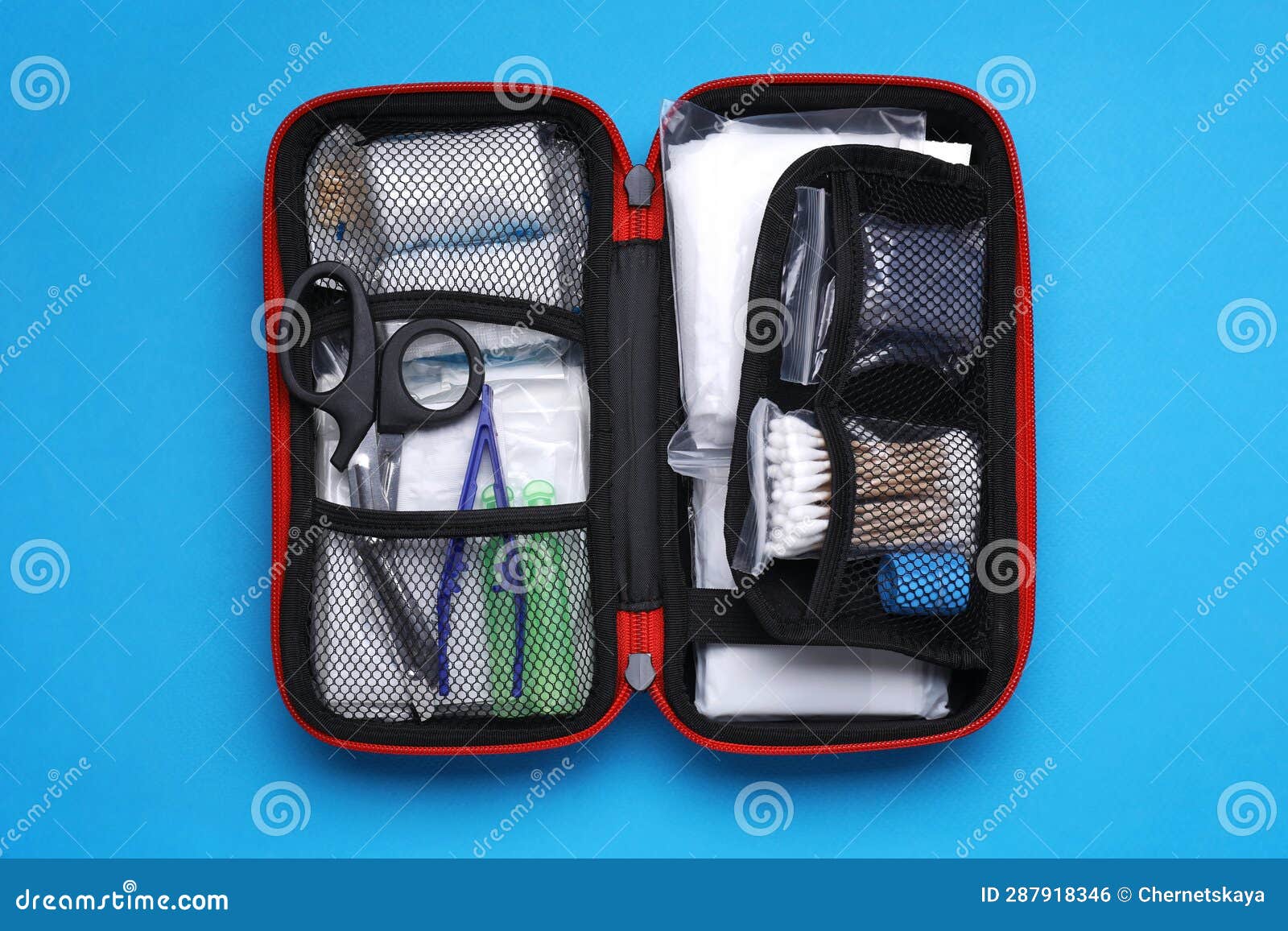 First Aid Kit on Light Blue Background, Top View Stock Photo - Image of ...