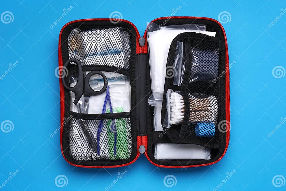 First Aid Kit on Light Blue Background, Top View Stock Photo - Image of ...