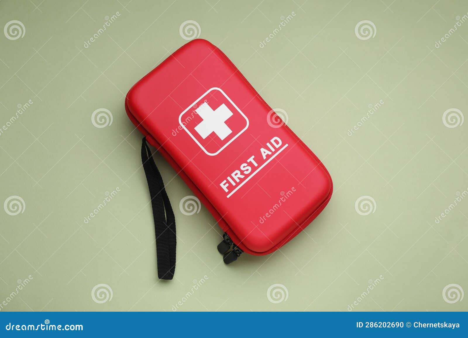 First Aid Kit on Light Green Background, Top View Stock Photo - Image ...