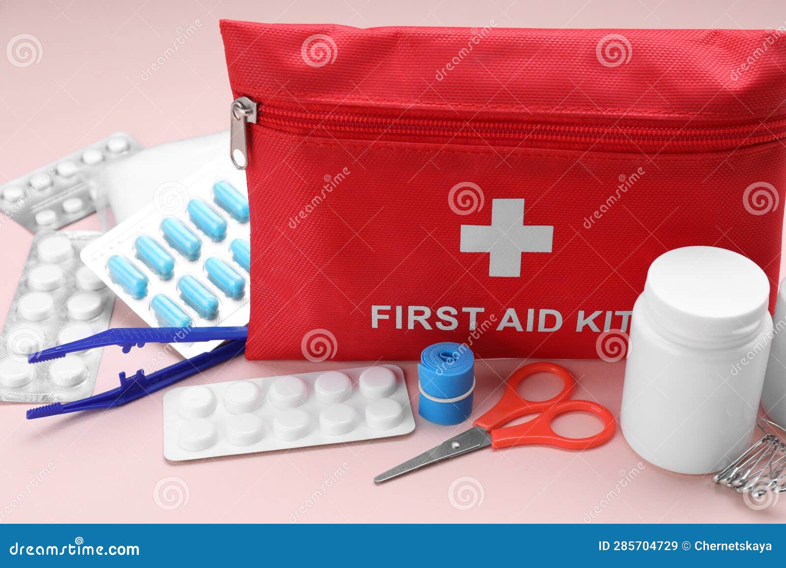 First Aid Kit on Pink Background, Closeup Stock Image - Image of ...