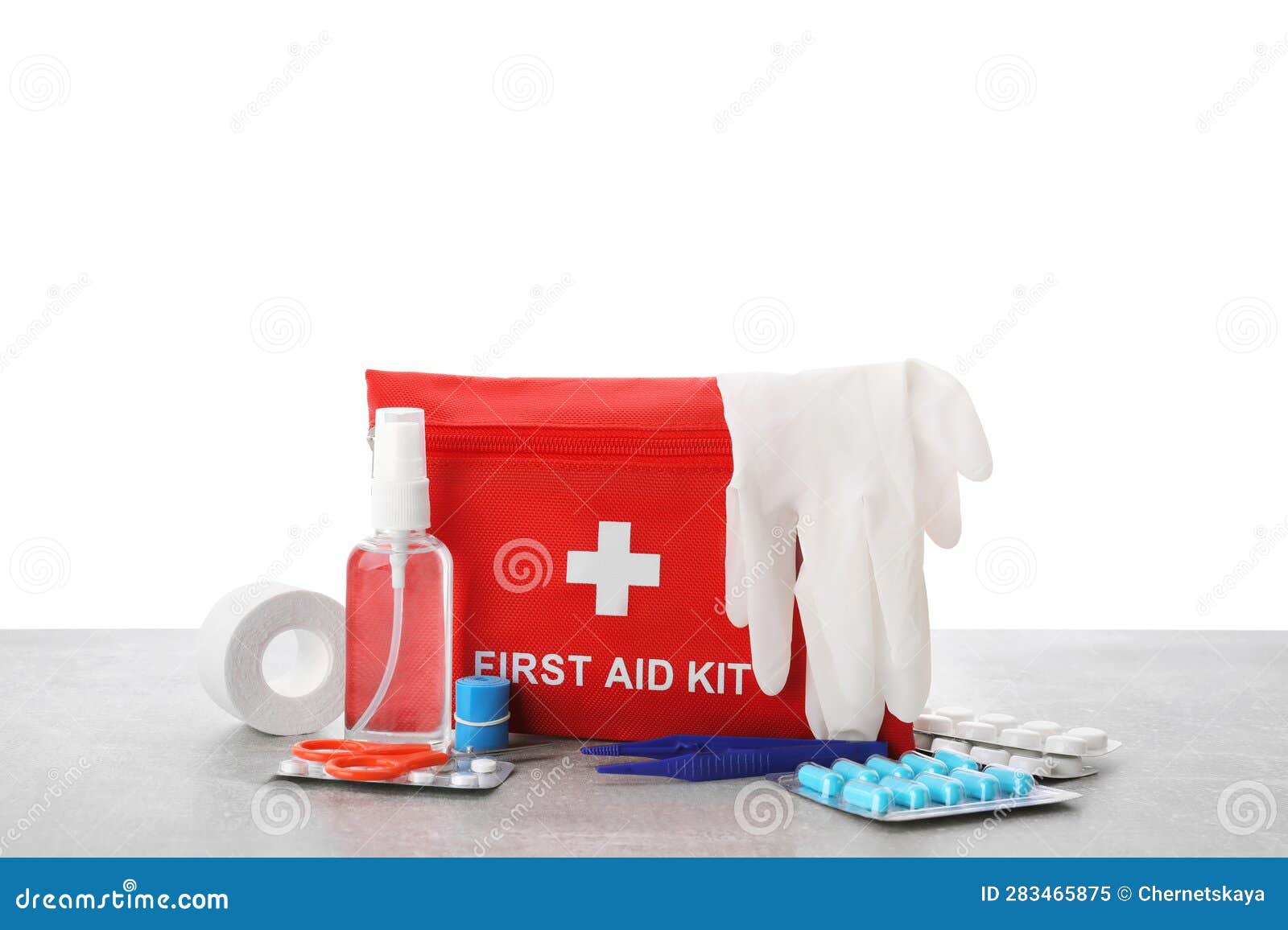 First Aid Kit, Scissors, Gloves, Pills, Plastic Forceps and Elastic ...