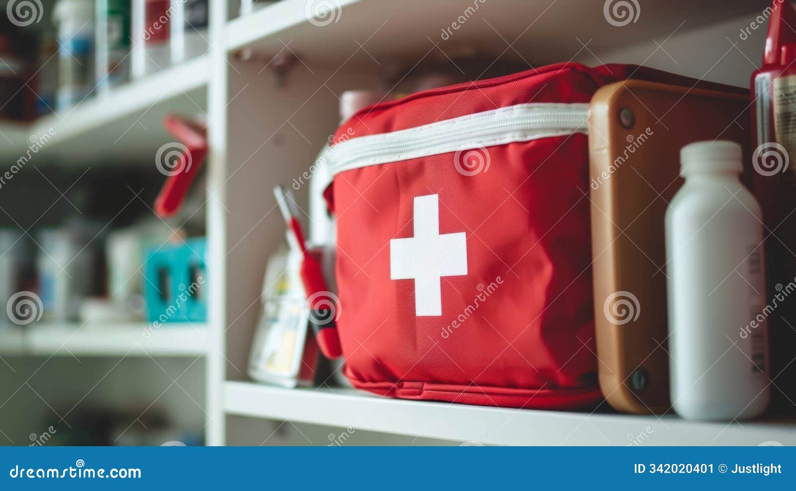 A First Aid Kit on a Shelf Labeled and Easily Accessible Stock Image ...