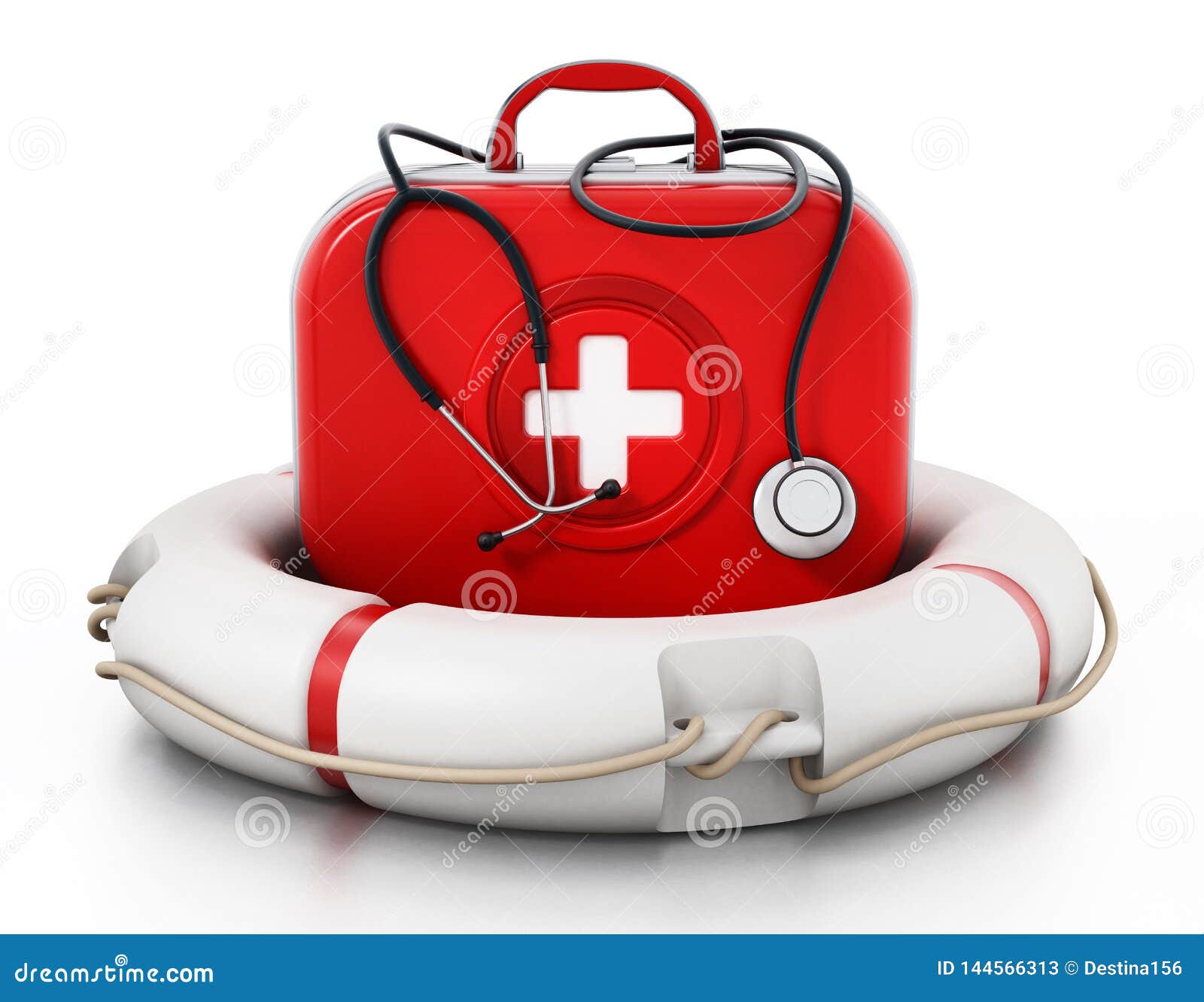 First Aid Kit Standing on Life Saver. 3D Illustration Stock ...