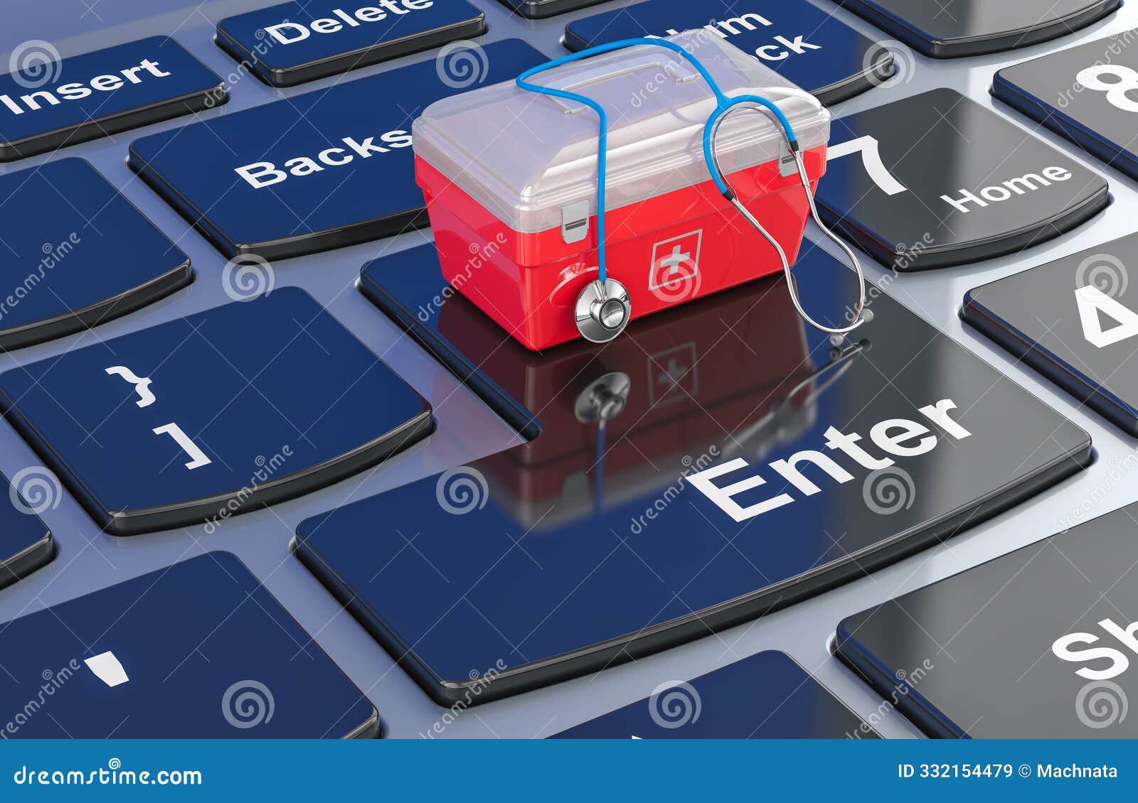 First Aid Kit with Stethoscope on Laptop Keyboard, 3D Rendering Stock ...
