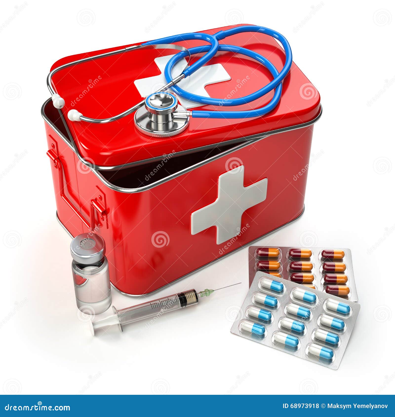 First Aid Kit with Stethoscope, Pills and Syringe on the Table. Stock ...