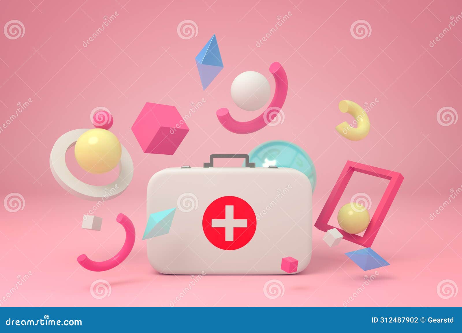 First Aid Kit Surrounded by Floating Shapes Stock Photo - Image of ...