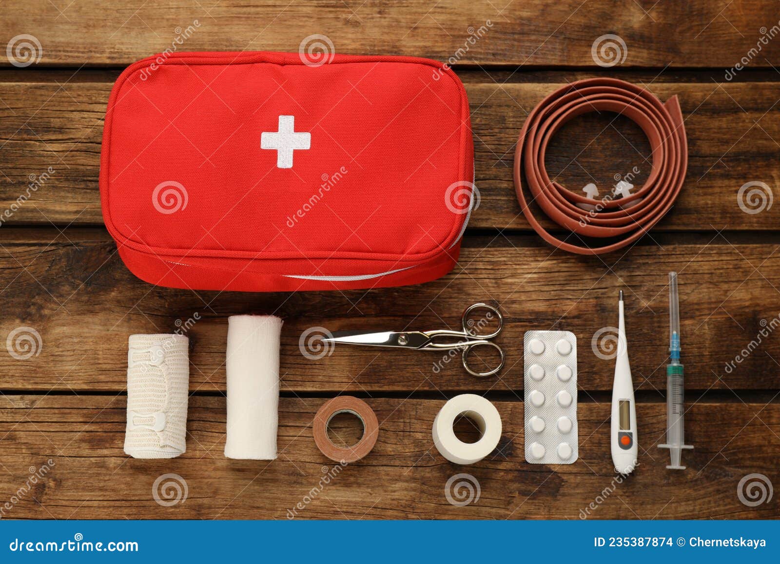 First Aid Kit on Wooden Table, Flat Lay Stock Photo - Image of doctor ...