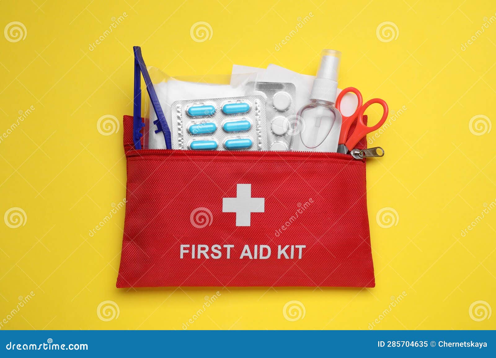 First Aid Kit on Yellow Background, Top View Stock Image - Image of ...