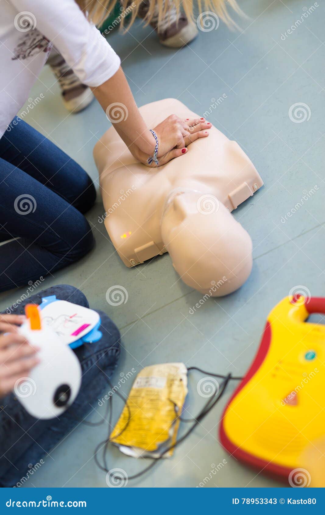 First Aid Resuscitation Course Using AED. Stock Image - Image of hands ...