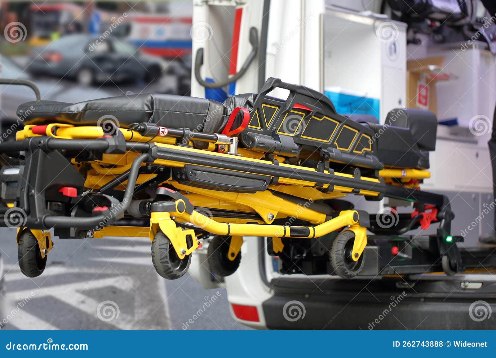 First Aid Stretcher and Ambulance at Road Accident Stock Photo - Image ...