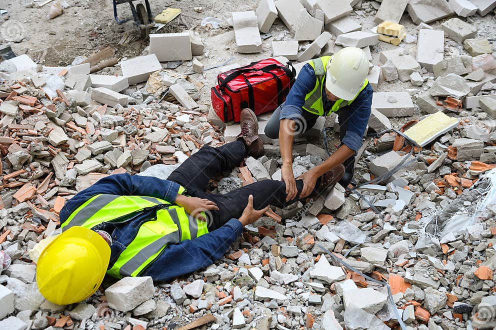 First Aid Support Accident at Work of Builder Worker on the Concrete ...