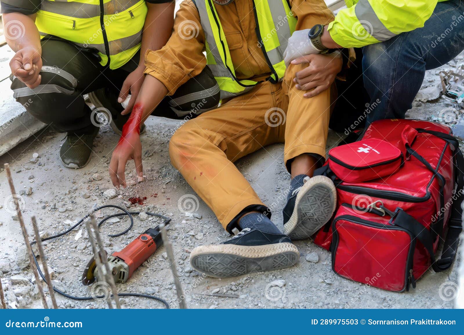 First Aid Team Support To Builder Worker after Hand Injury Bleeding ...