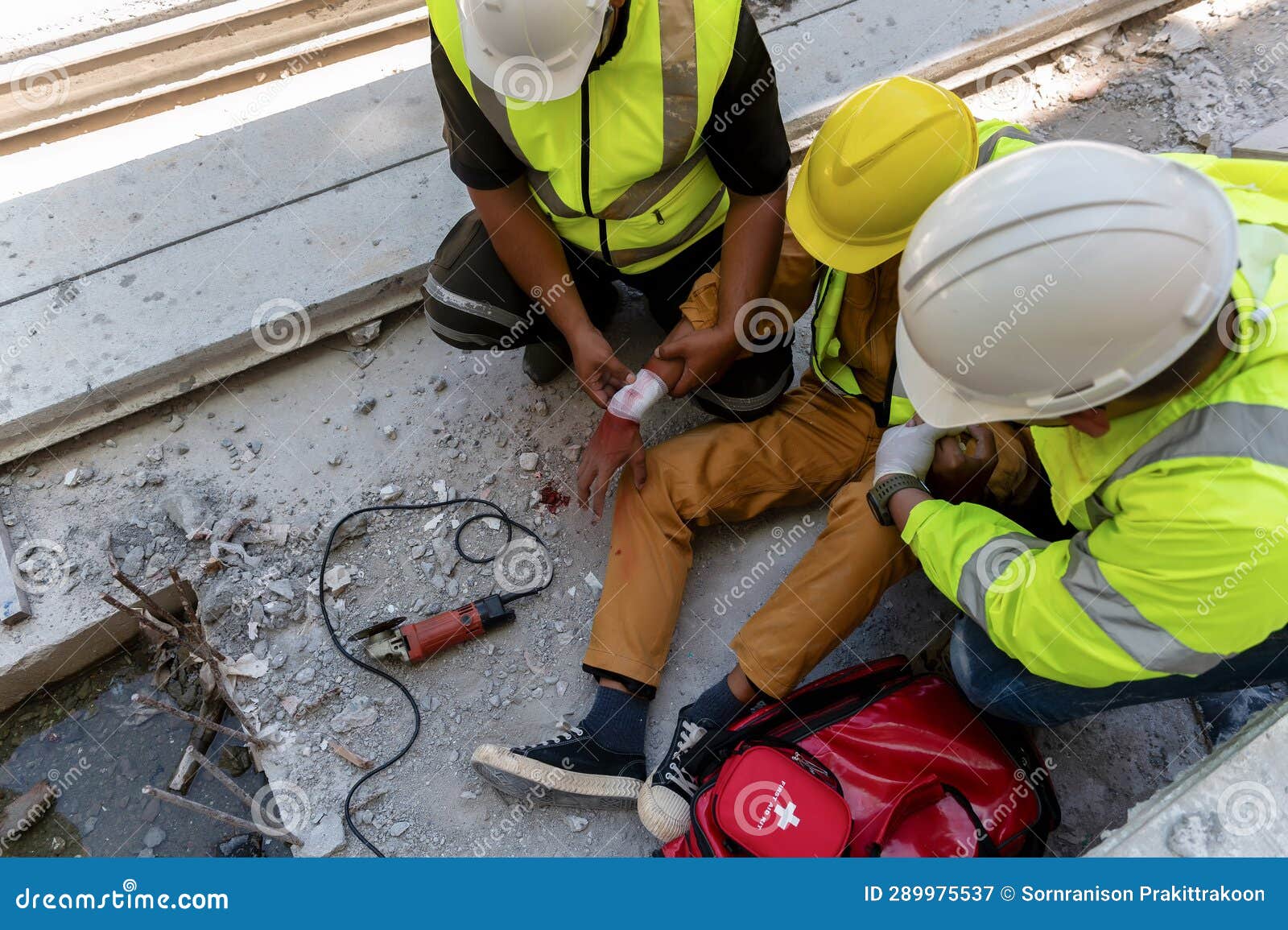 First Aid Team Support To Builder Worker after Hand Injury Bleeding ...