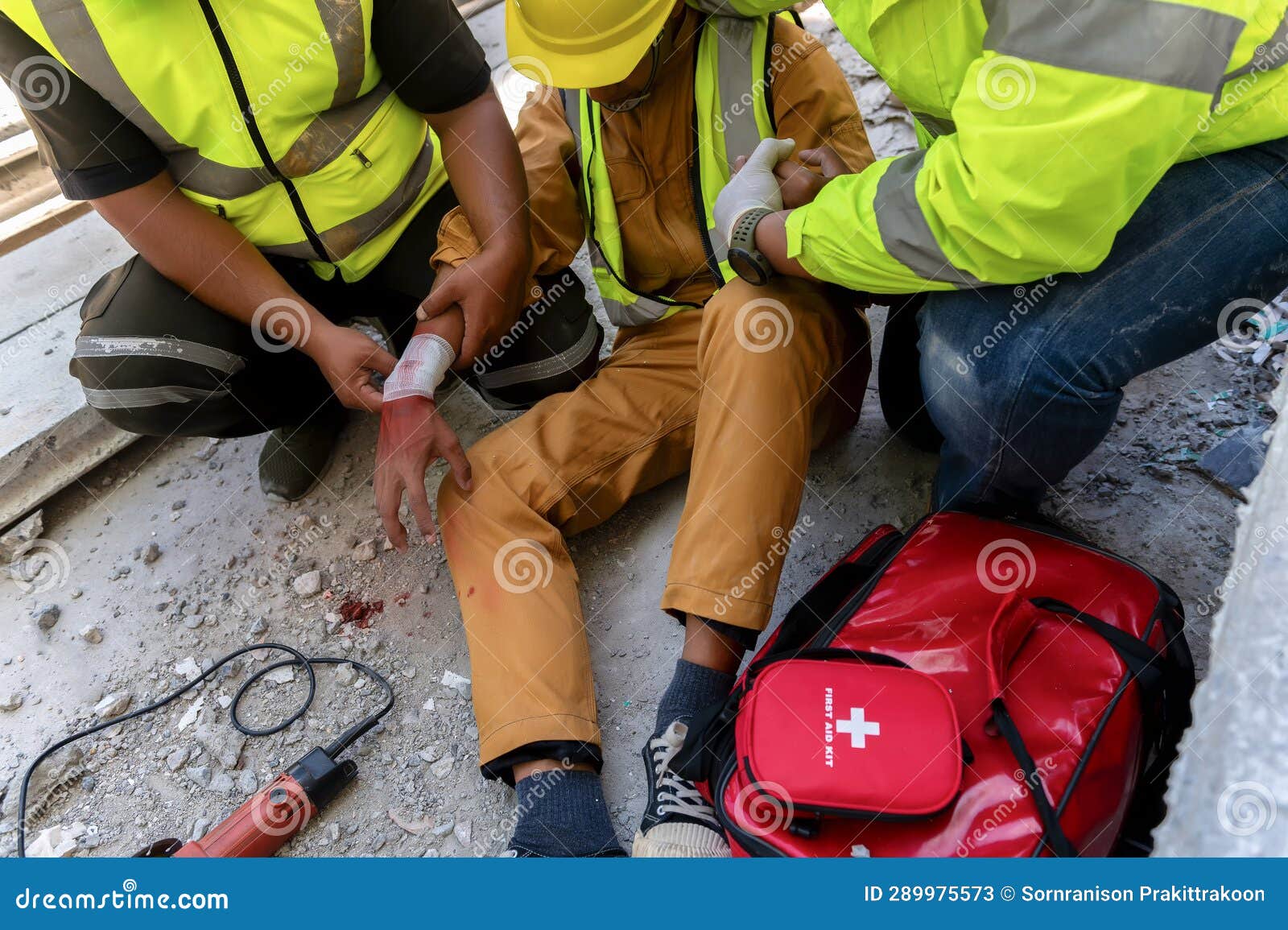 First Aid Team Support To Builder Worker after Hand Injury Bleeding ...