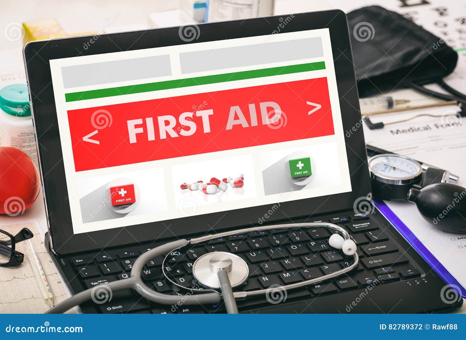First Aid Written on a Doctor`s Computer Screen Stock Photo - Image of ...
