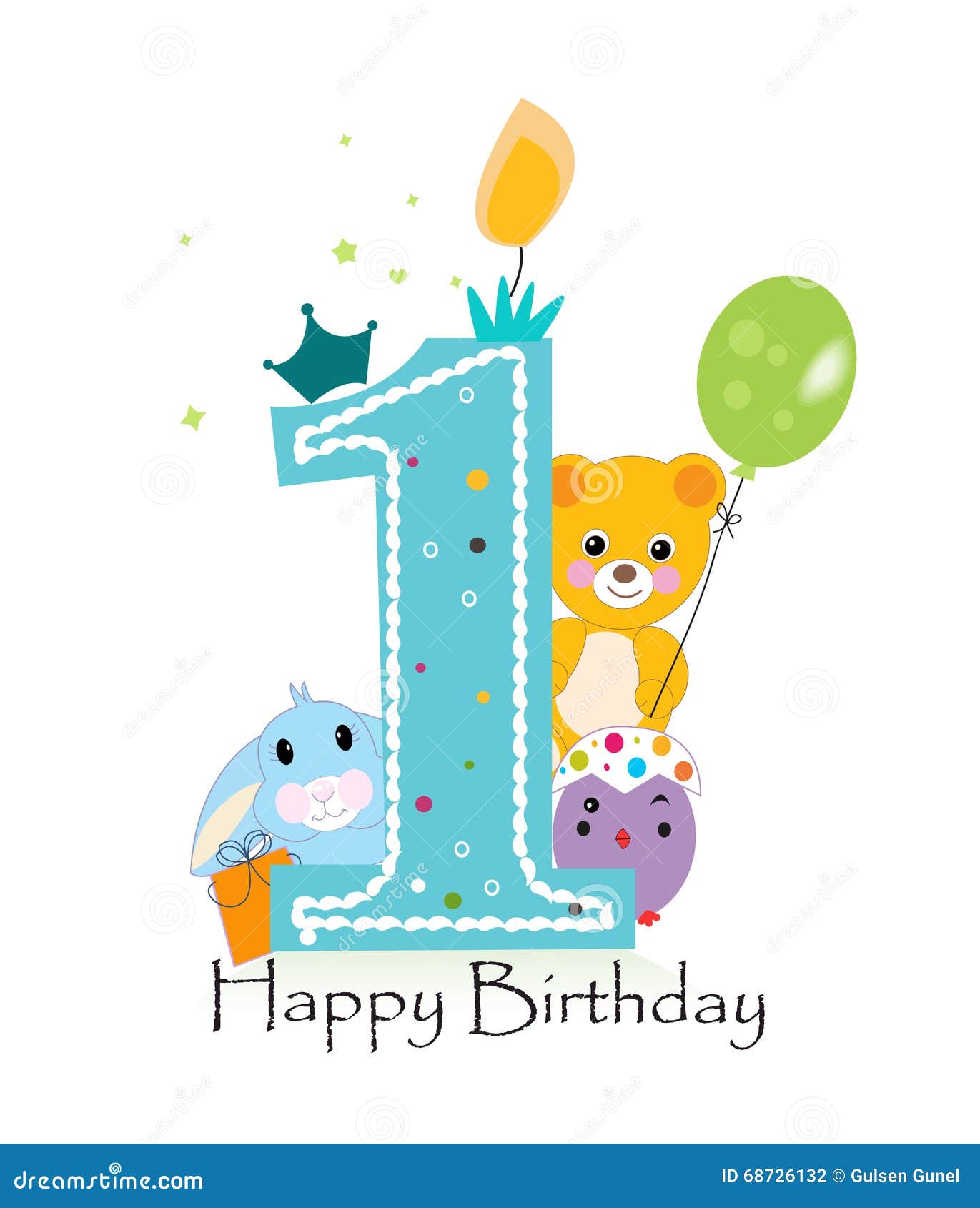 First Birthday Greeting Card. Teddy Bear, Bunny and Chick Vector ...