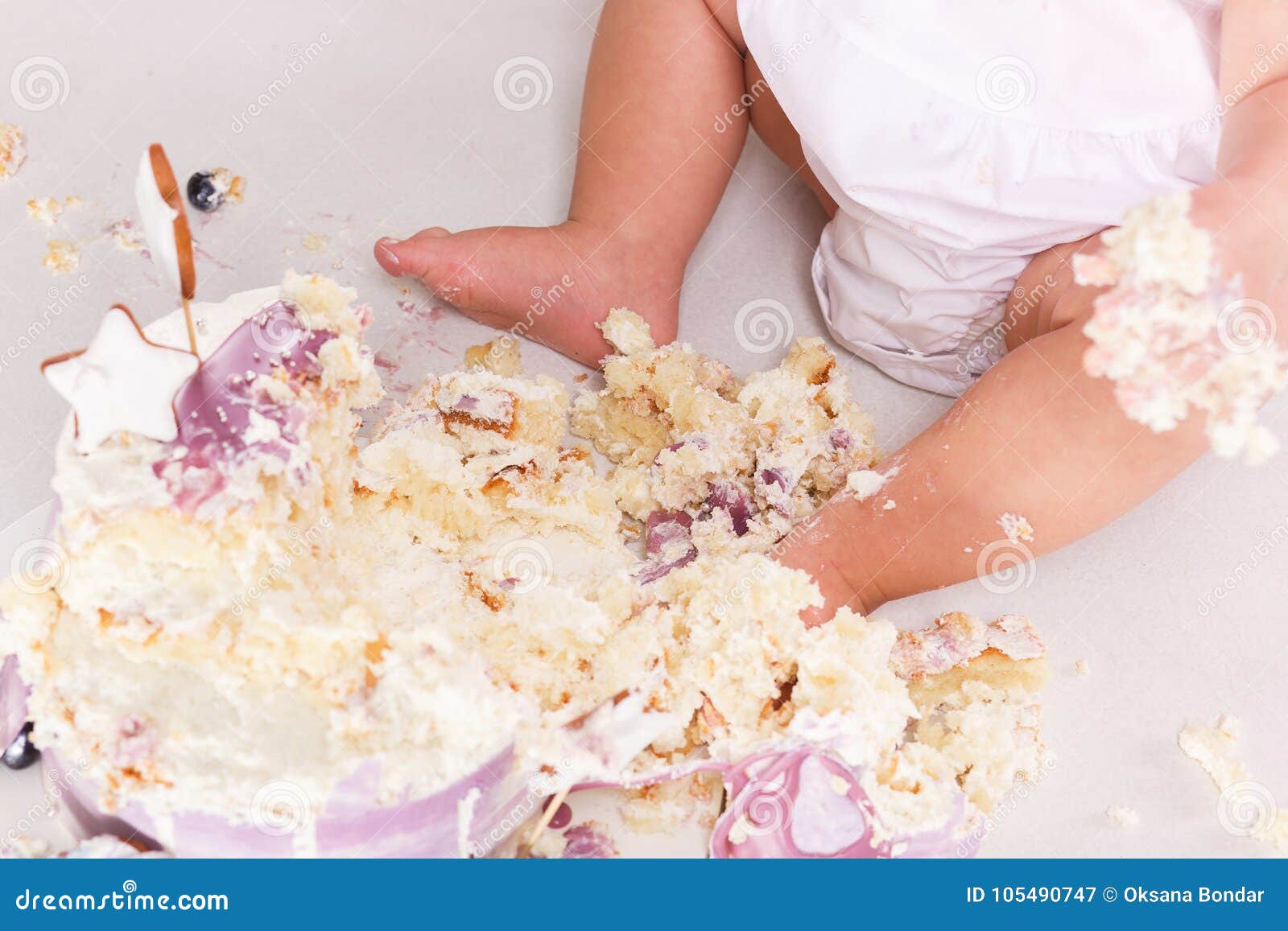 First Birthday Smash the Cake. Cream on Legs. Close-up View Stock Image ...