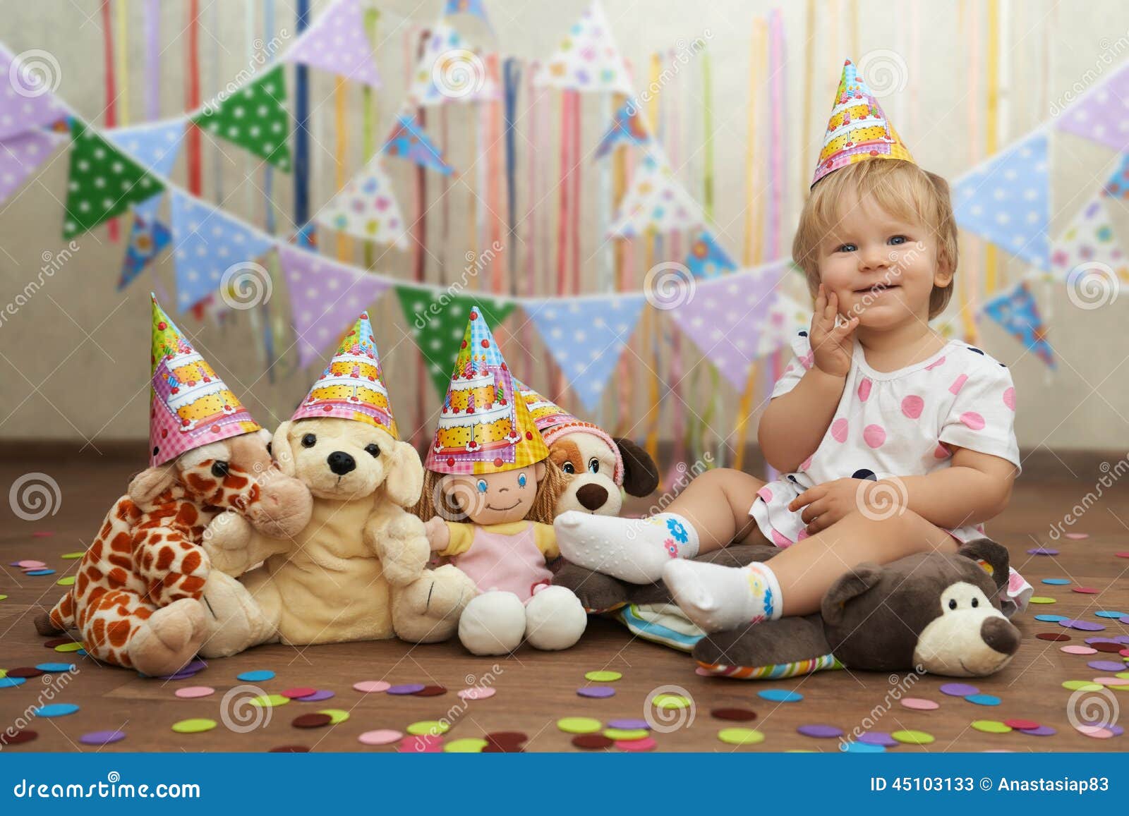 First Birthday Toy Party with Plush Friends Stock Image - Image of ...