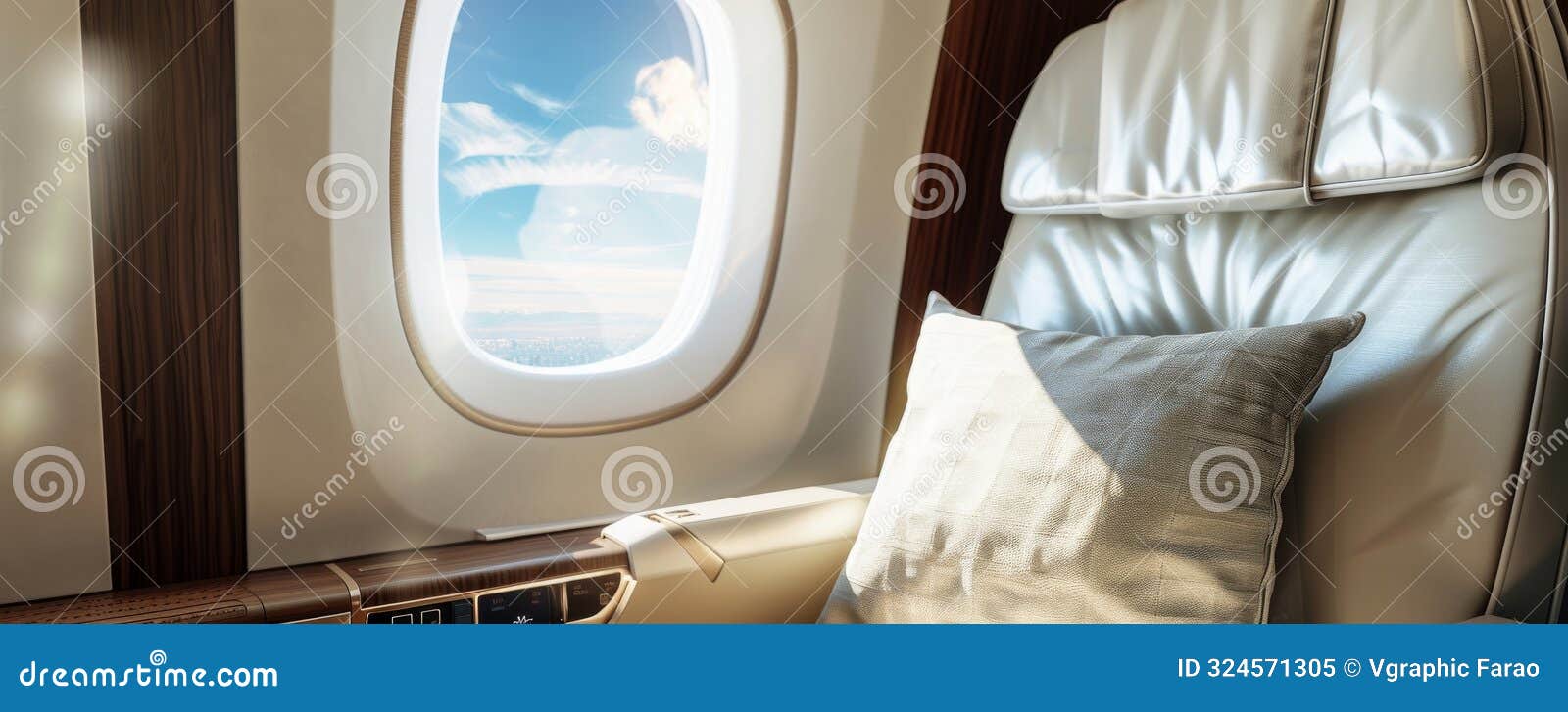 First Class Airplane Seat with Window View and Sunlight Stock Image ...