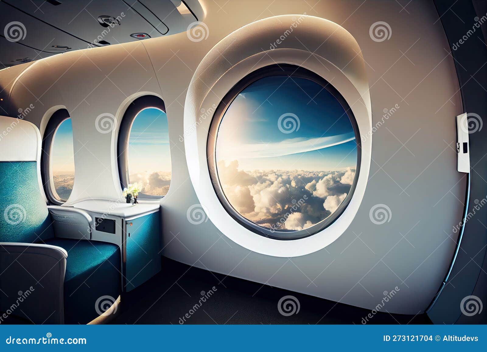 First-class Cabin during Takeoff, with View of the Runway and Clouds ...
