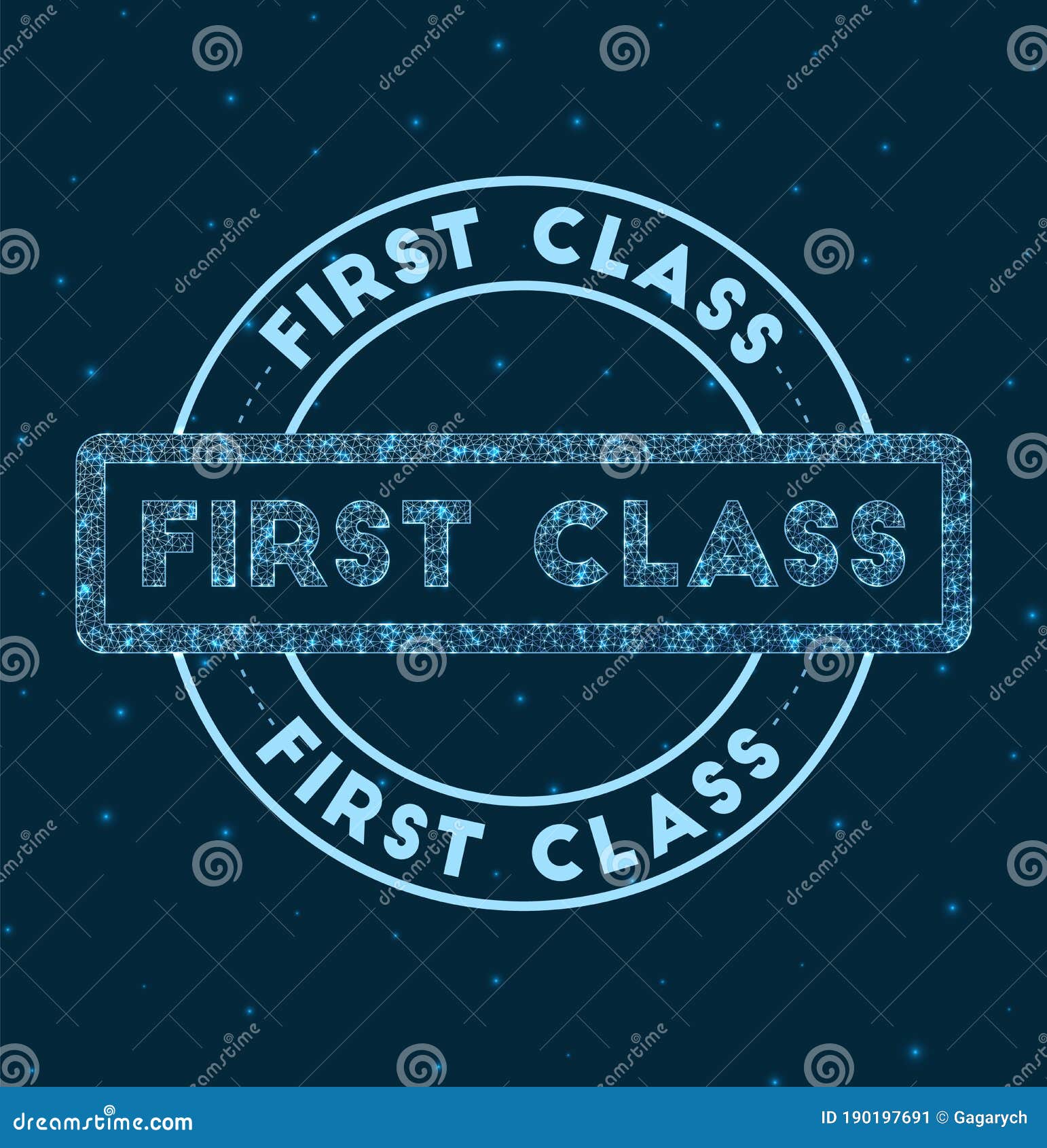 First Class. Glowing Round Badge Stock Vector - Illustration of graphic ...