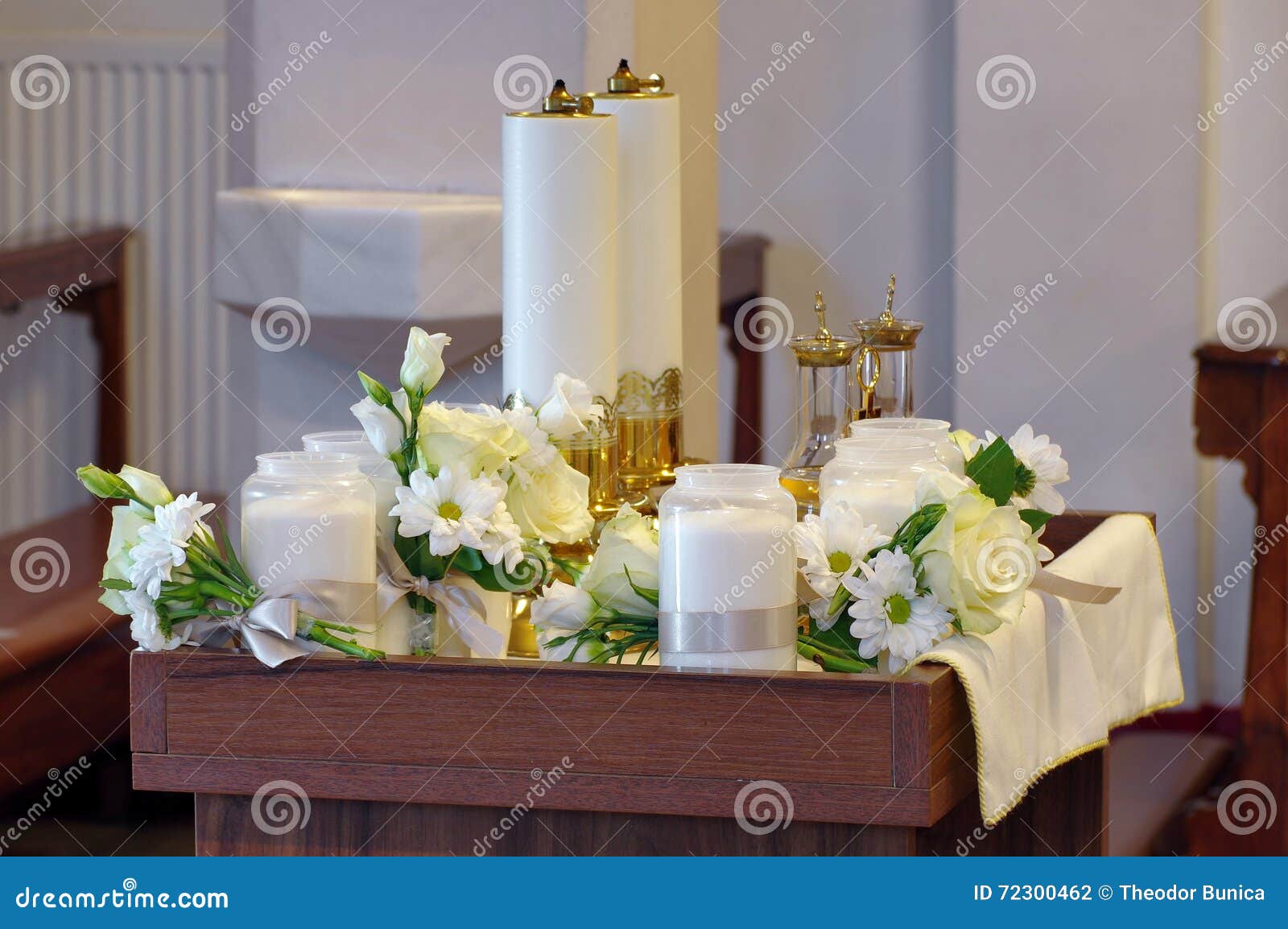 Catholic Service. First Communion. Candles and White Flowers Stock ...