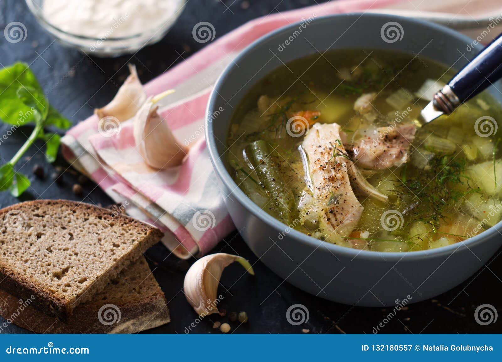 First Course. Chicken Soup and Sour Cream Stock Image - Image of ...