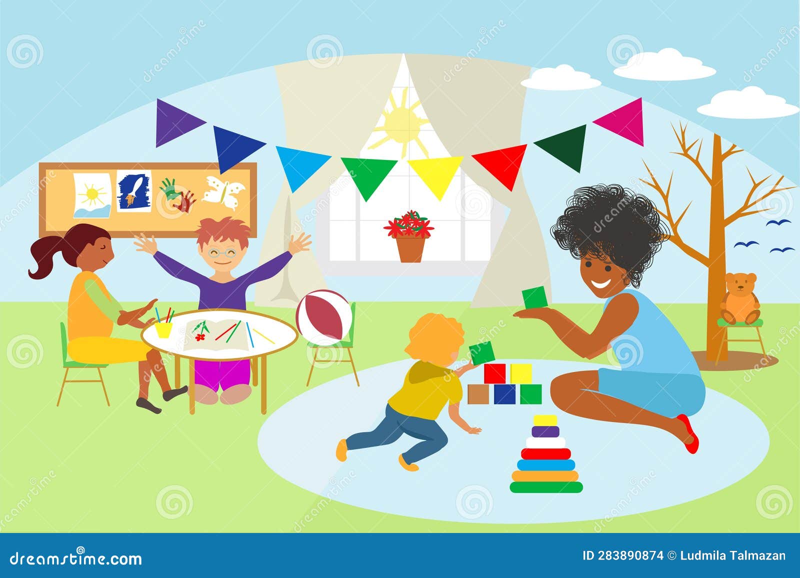 First Day at Kindergarten, Poster Stock Vector - Illustration of ...