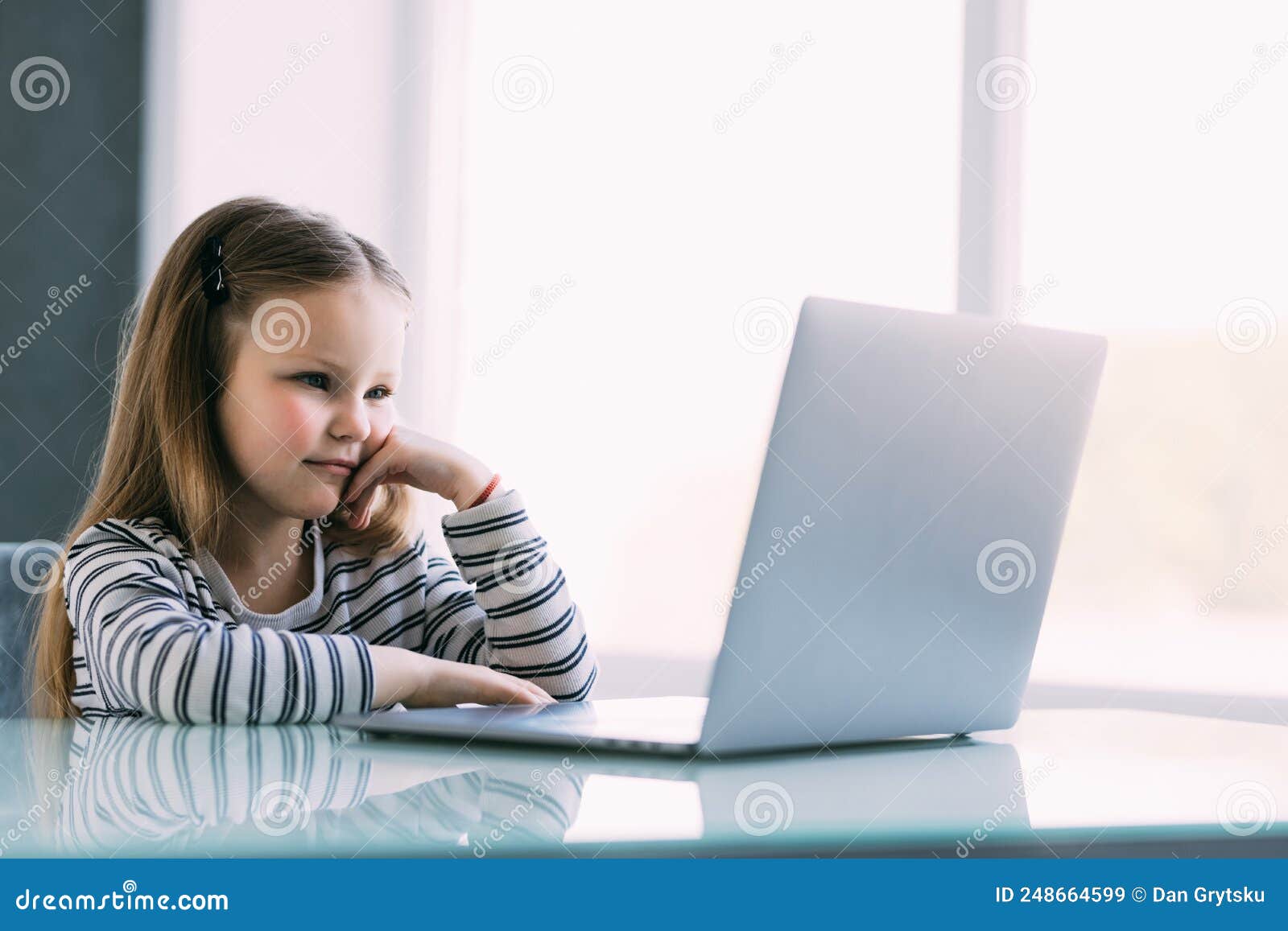 First Day at Online School. Cute Little Girl Children Using Laptop ...