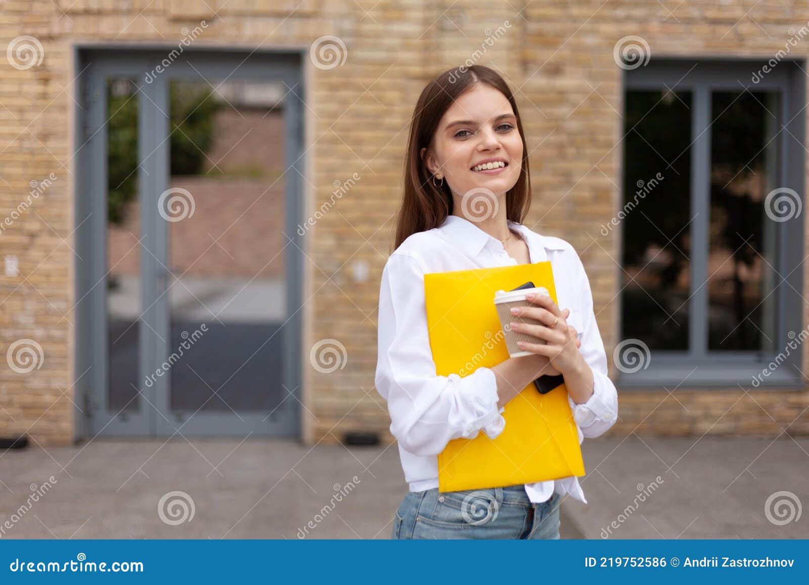 First Day at Work. Cheerful Girl with a Folder, Portrait of a Student ...