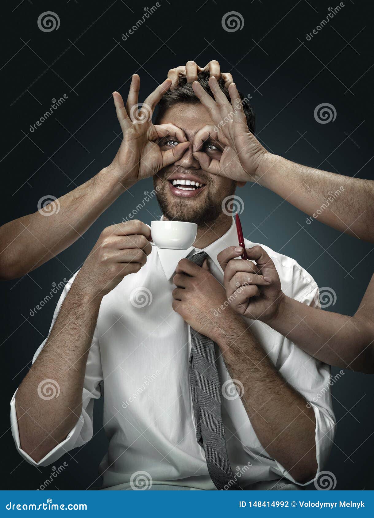 A Young Man Surrounded by Hands Like His Own Thoughts Stock Photo ...