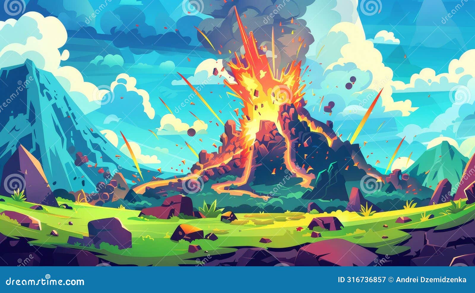 The First Eruption of a Volcano - Cartoon Modern Illustration of ...