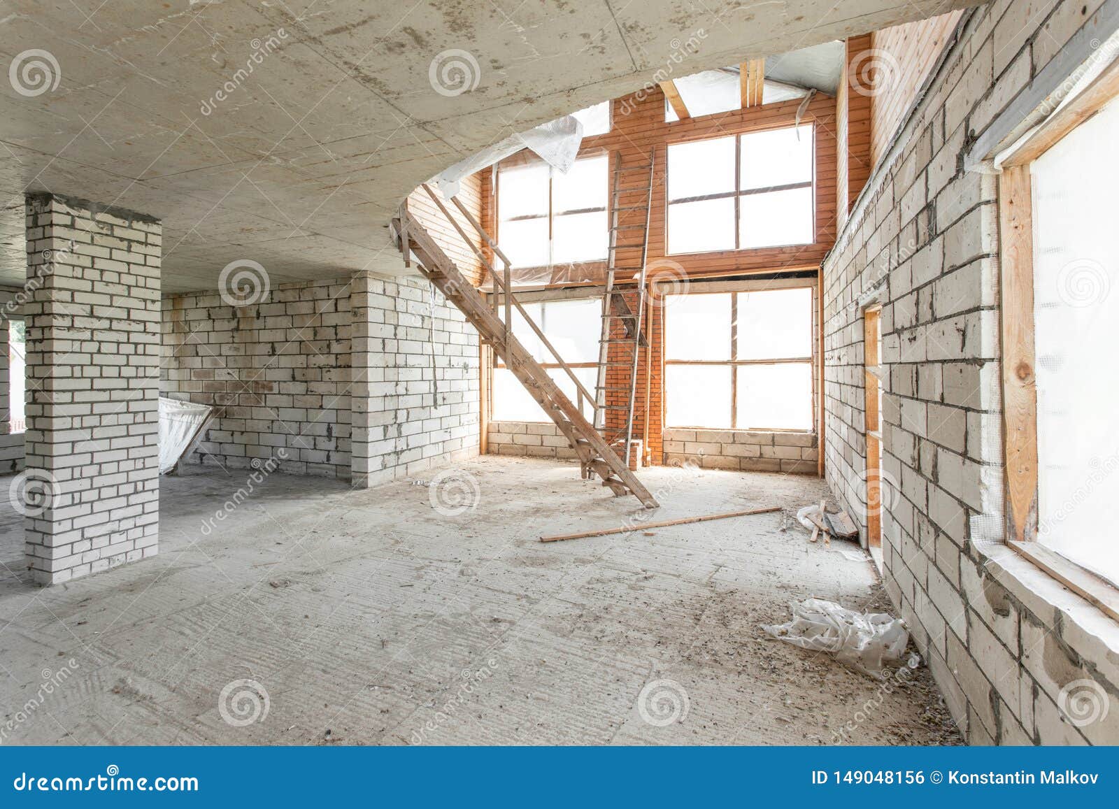 Combined House of Wooden Beam Logs and Bricks. the First Floor of the ...