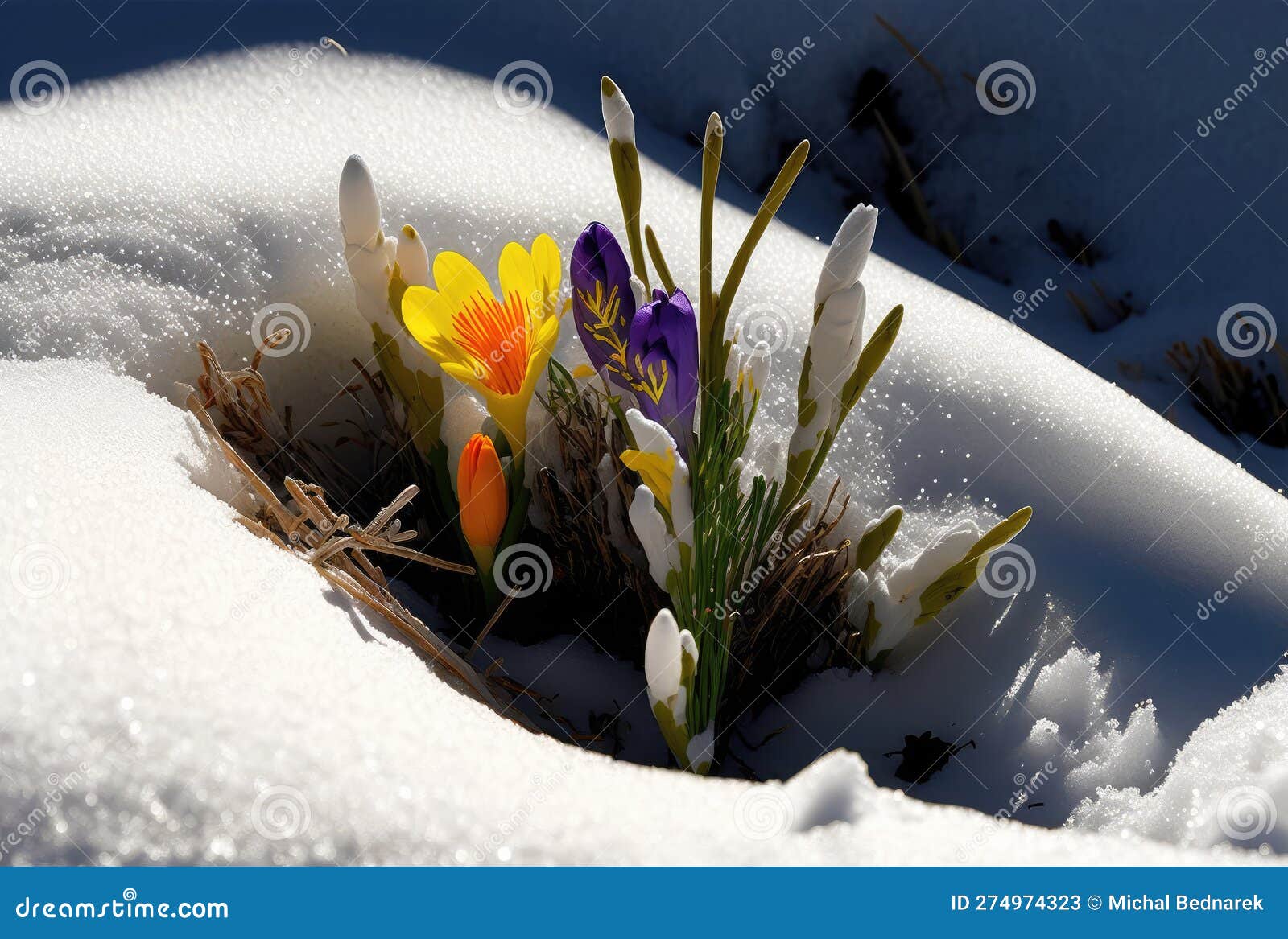 First Flower, Snowdrops Growing from Snow, Spring Begins. Generative AI ...