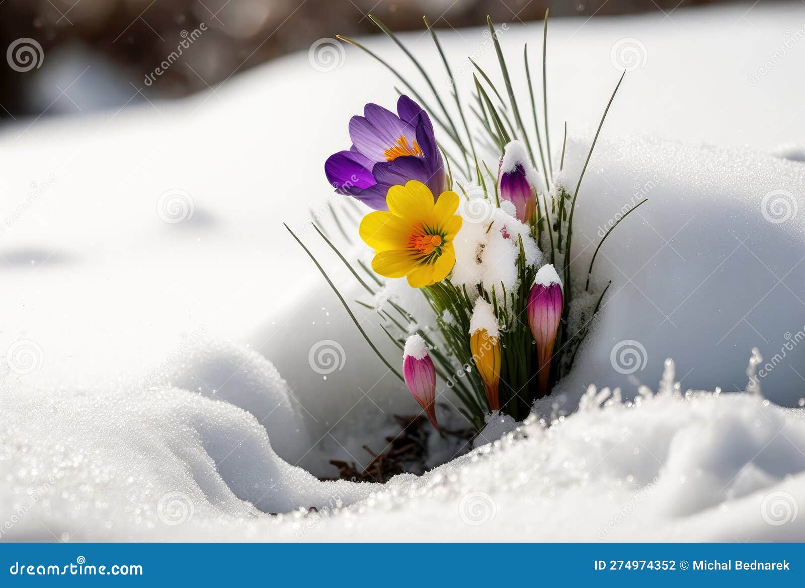 First Flower, Snowdrops Growing from Snow, Spring Begins. Generative AI ...