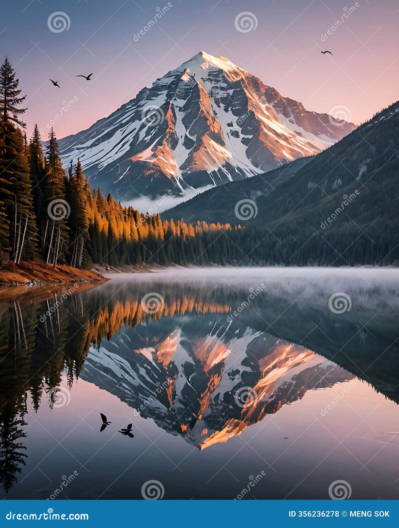 The First Light of Dawn Illuminating a Mountain and Its Reflection ...