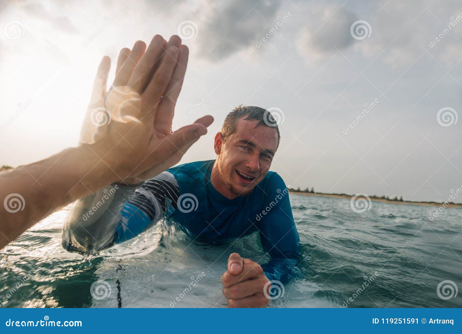 From First Person, Give Five Surfers on the Water Stock Image - Image ...