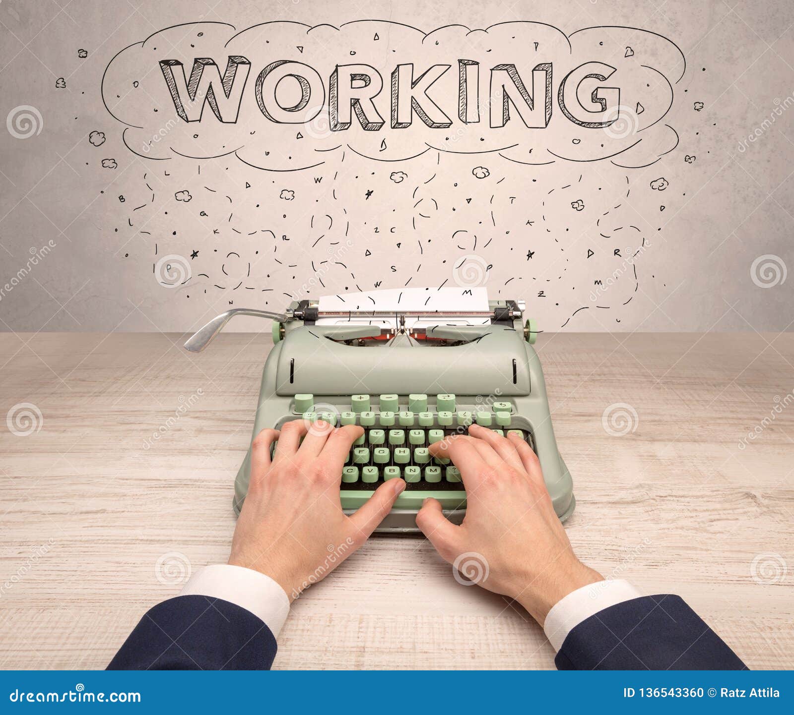 First Person Perspective Hand and Typewriter with Cloud Message Concept ...