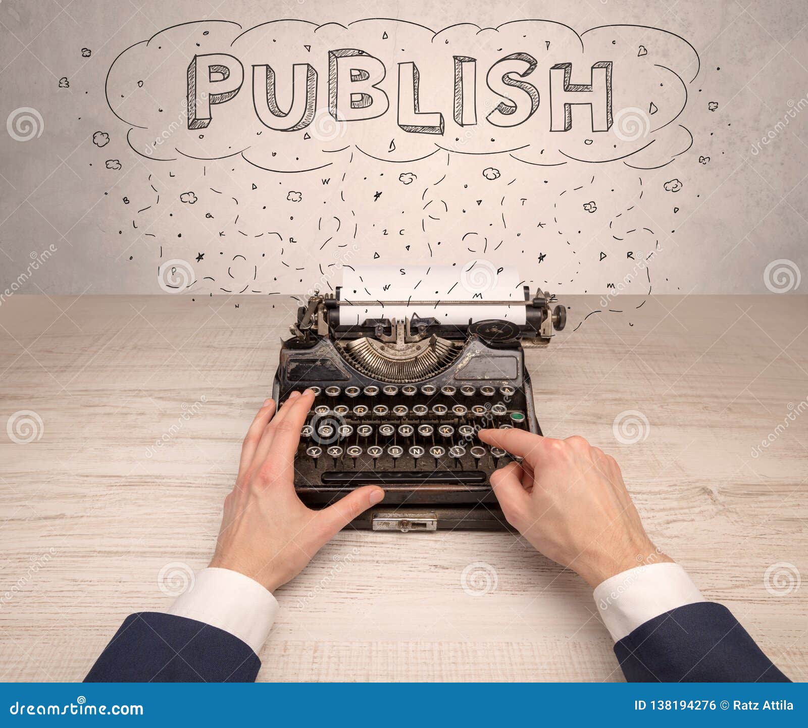 First Person Perspective Hand and Typewriter with Cloud Message Concept ...