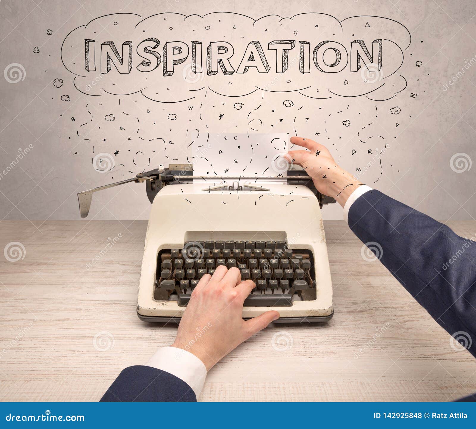 First Person Perspective Hand and Typewriter with Cloud Message Concept ...