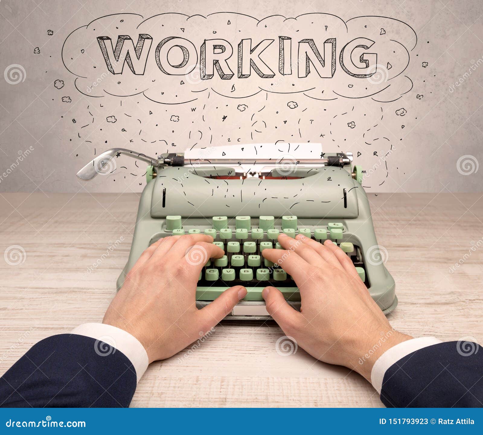 First Person Perspective Hand and Typewriter with Cloud Message Concept ...