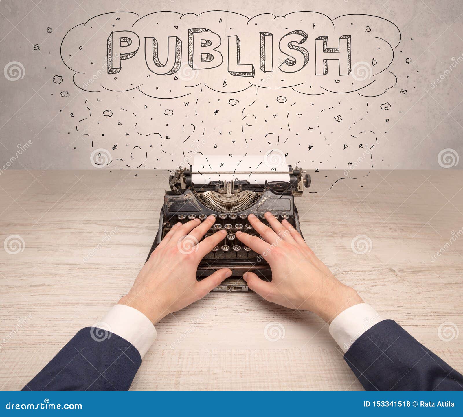 First Person Perspective Hand and Typewriter with Cloud Message Concept ...