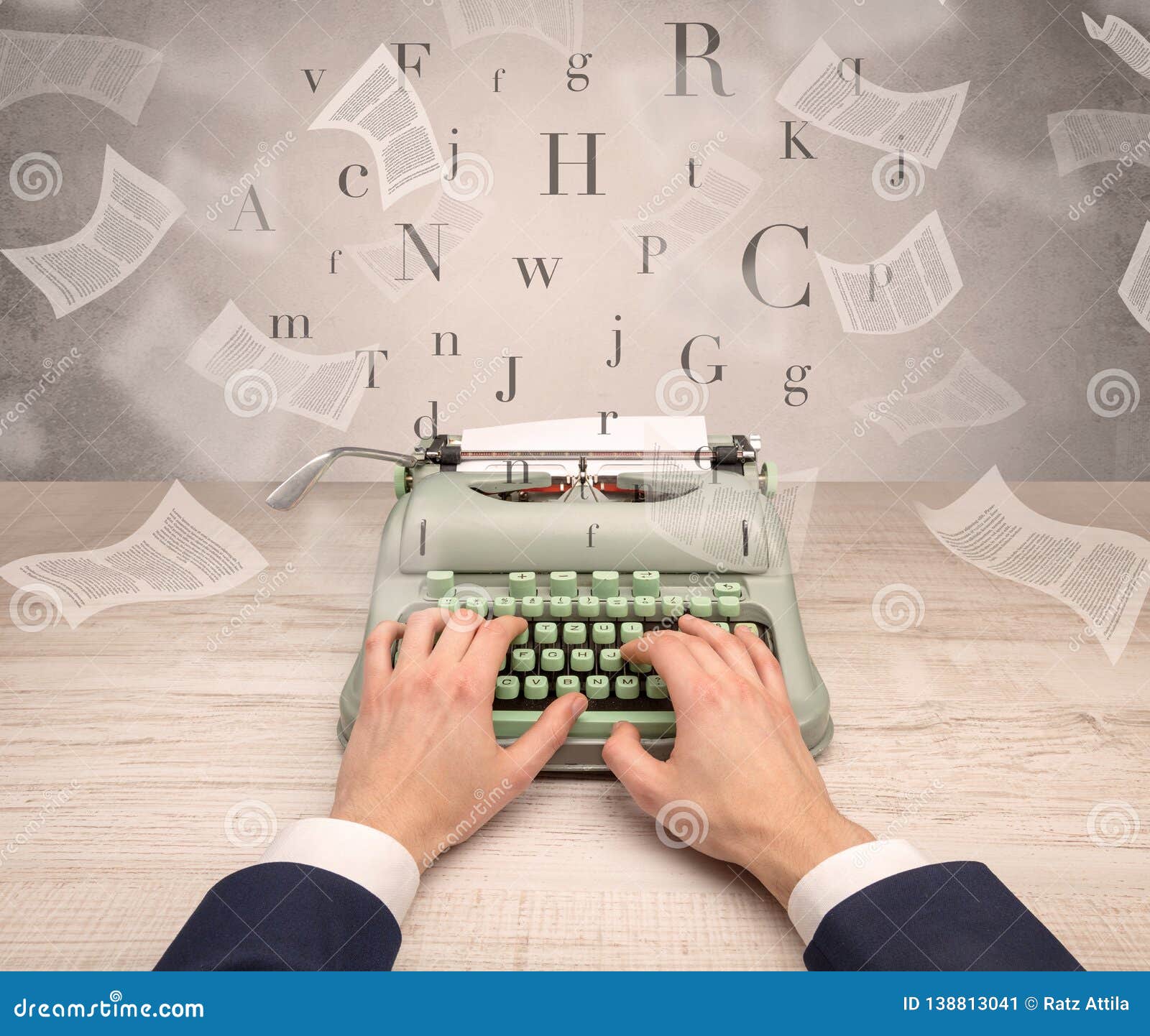 Hand Typewriting with Flying Documents Around Stock Image - Image of ...