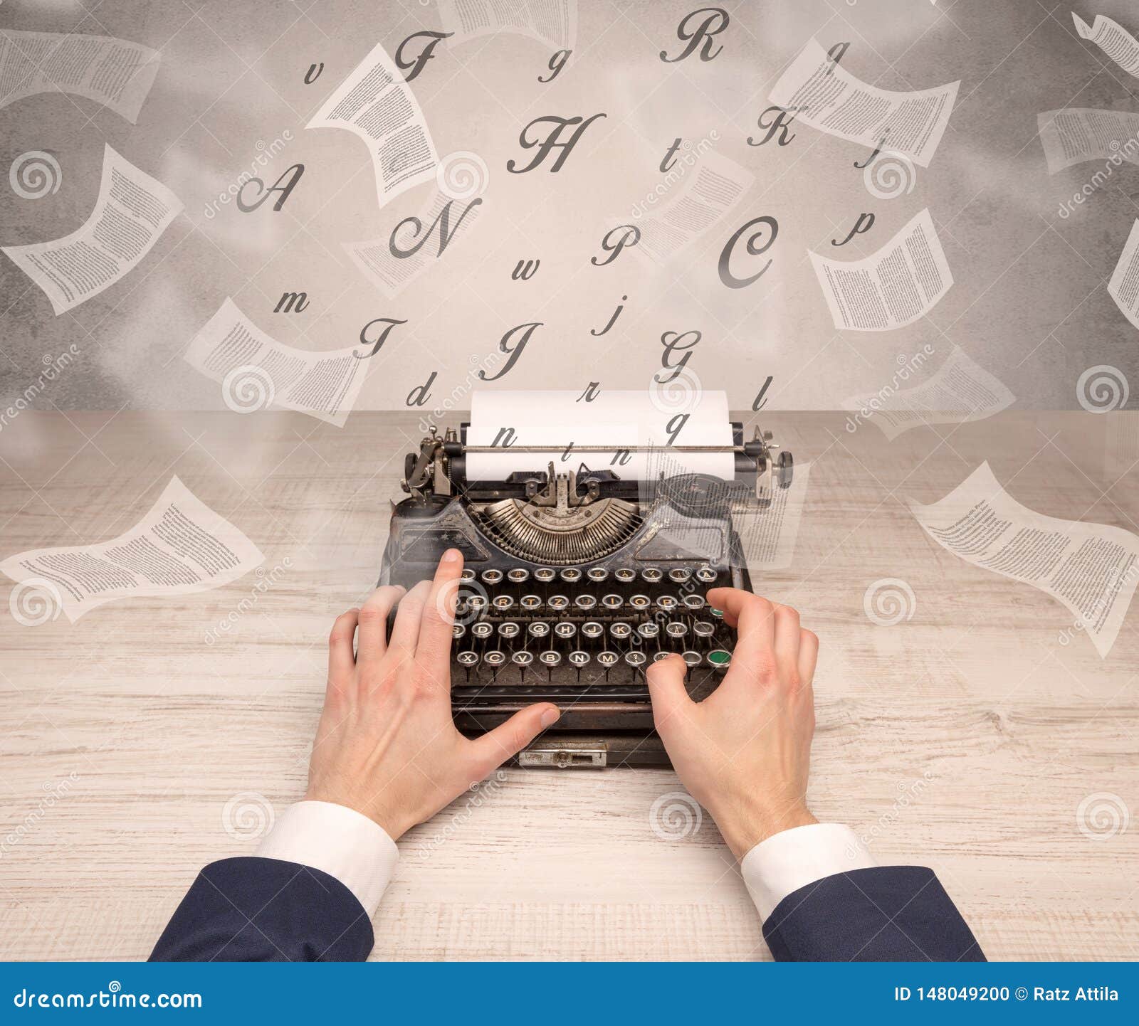 Hand Typewriting with Flying Documents Around Stock Photo - Image of ...
