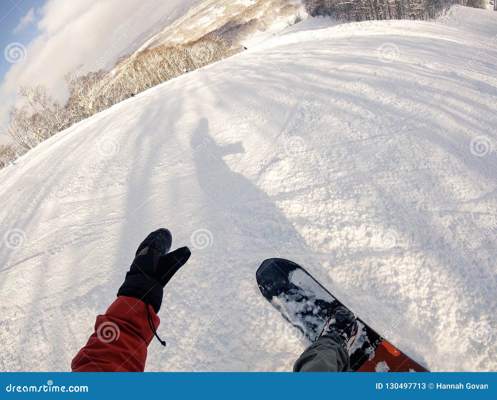 First Person Perspective of a Snowboarder Looking Down the Mountain ...