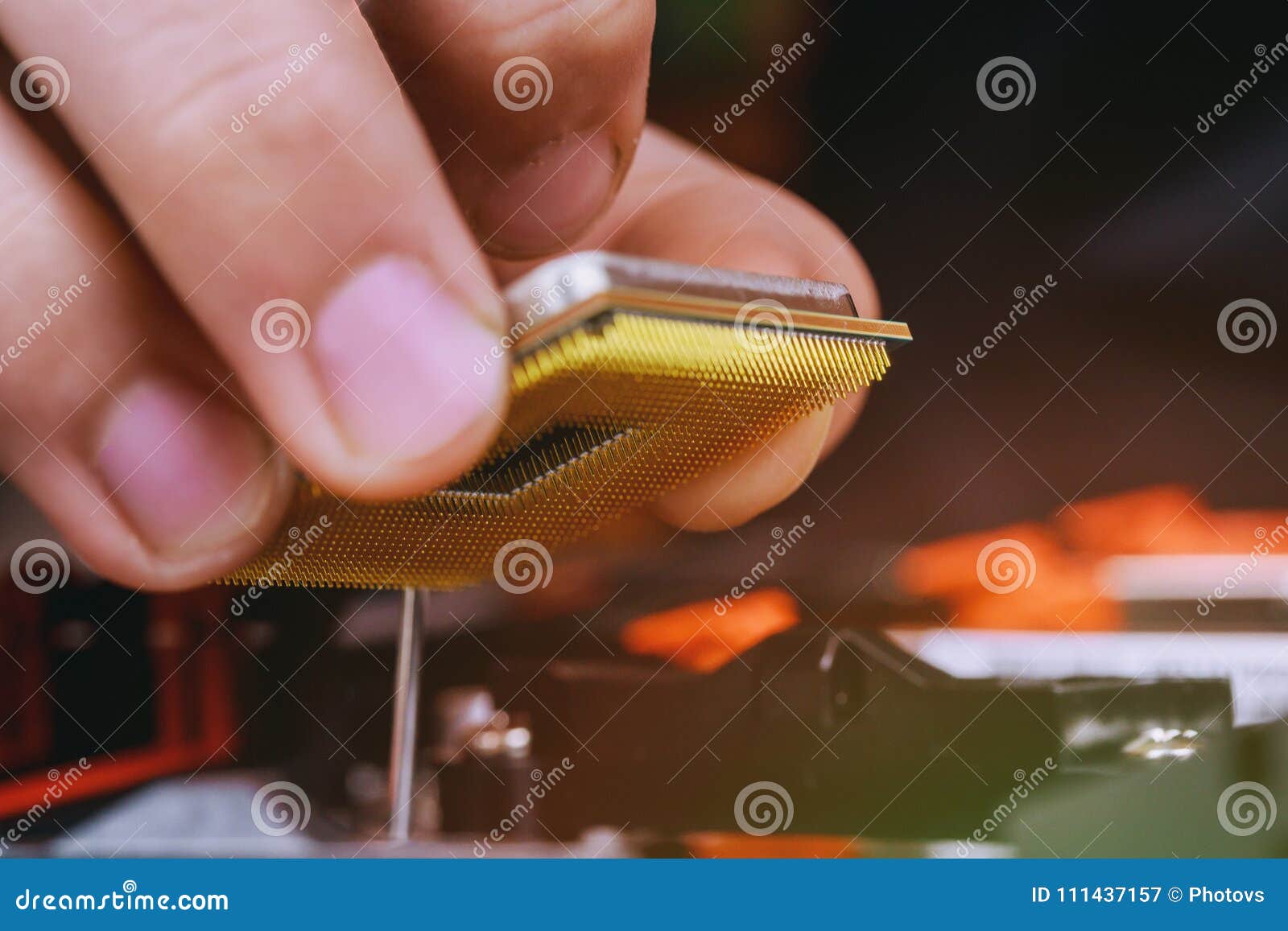First Person View Hand Holding a Computer Processor Chip on Motherboard ...