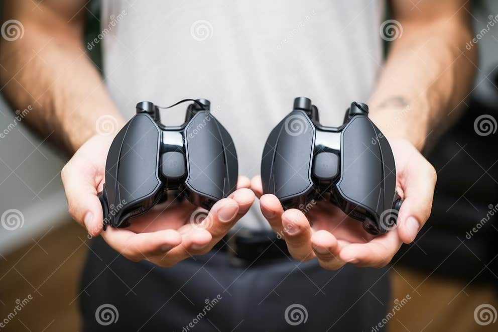 First-person View of Holding Dual Haptic Feedback Vr Controllers Stock ...