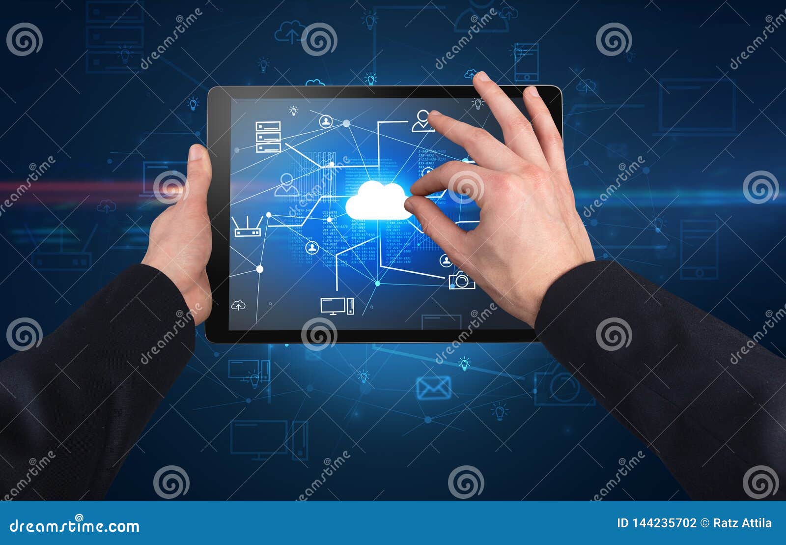 First Person View of Tablet with Cloud Office Concept Stock Photo ...