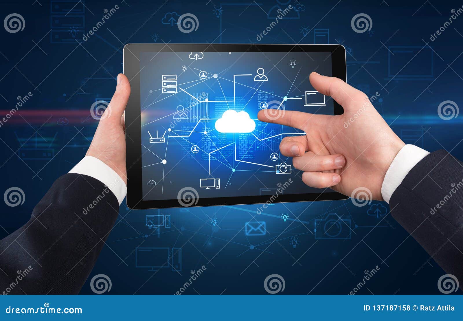 First Person View of Tablet with Cloud Office Concept Stock Photo ...