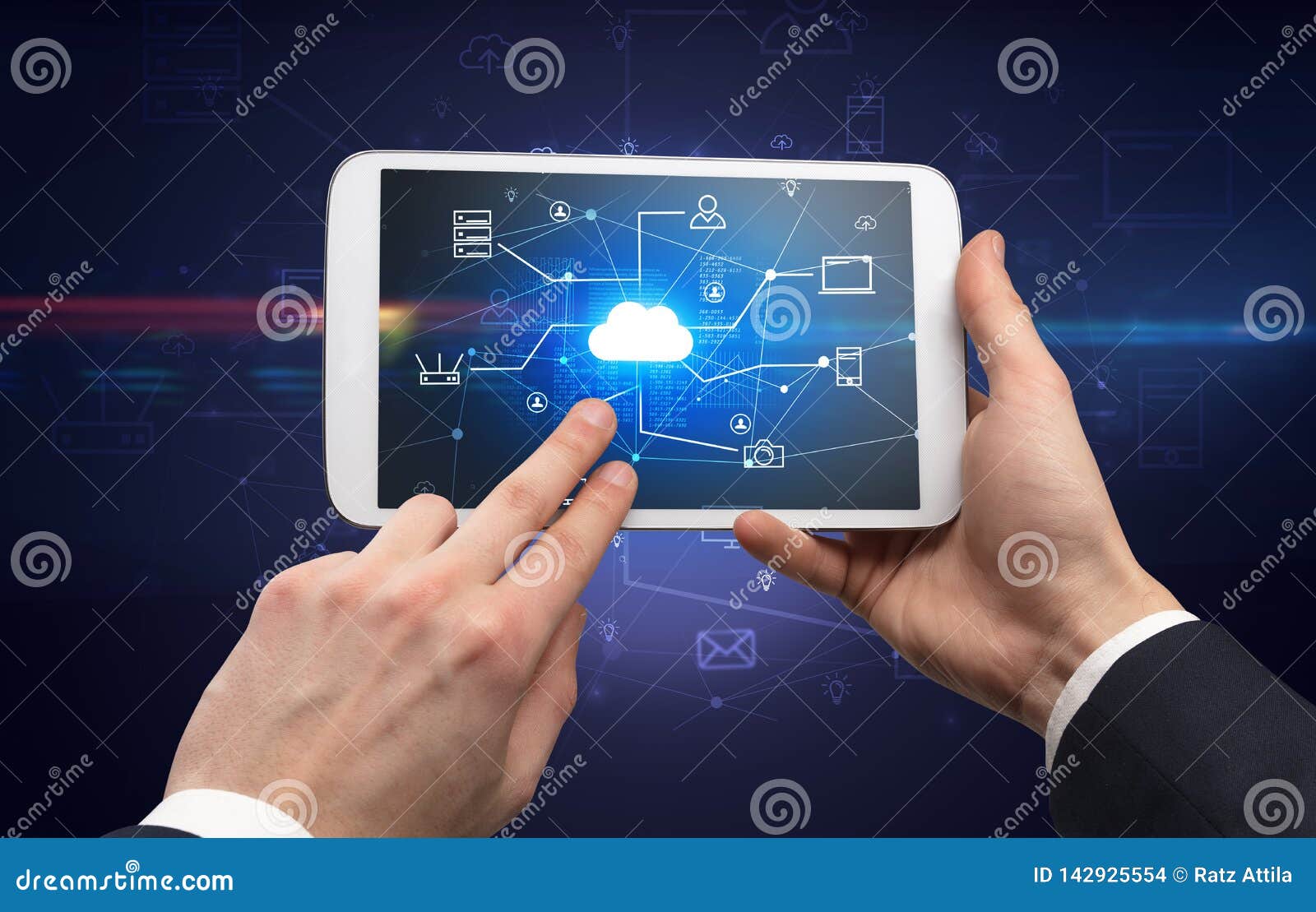 First Person View of Tablet with Cloud Office Concept Stock Photo ...